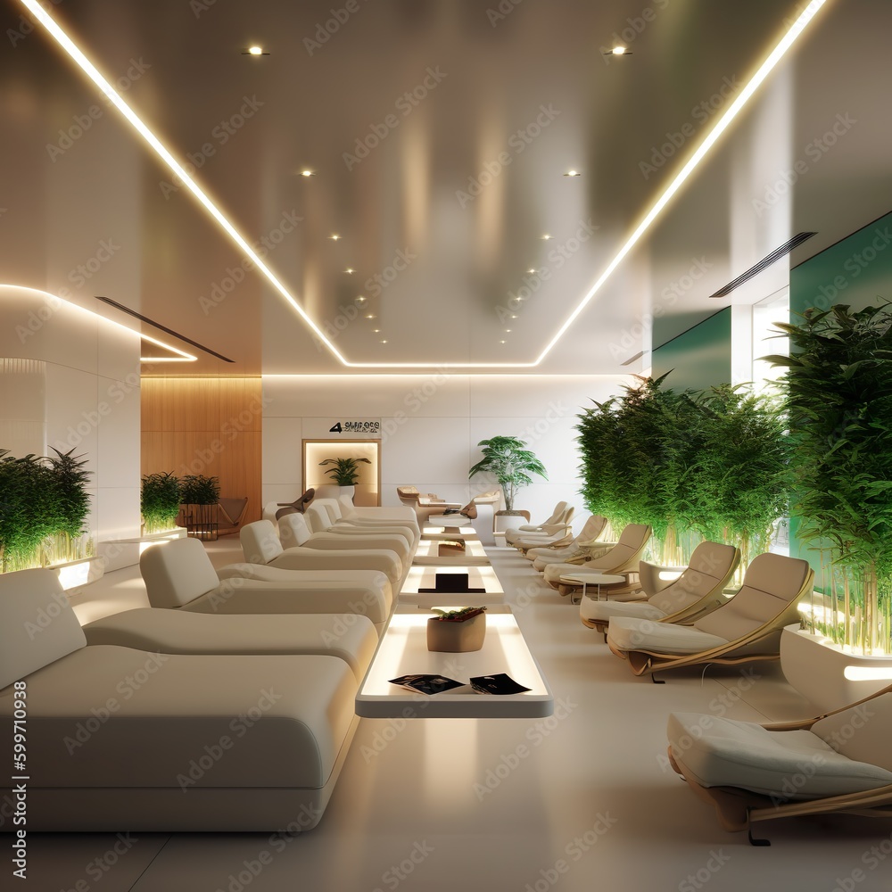 Super clean modern lounge with floating tables, nice plants and ...