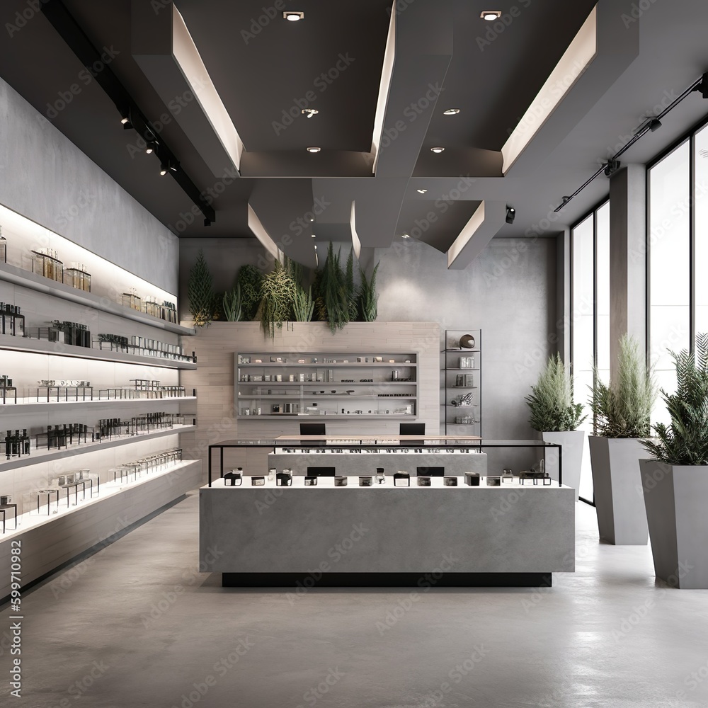 Modern minimalist floor plan for dispensary or retail location, cement ...