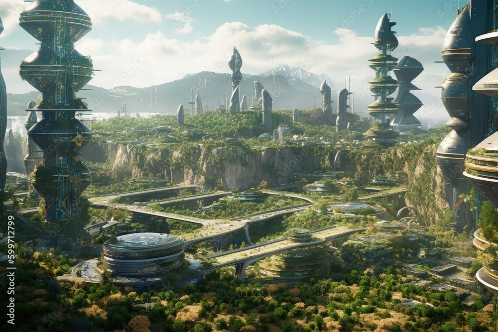 Conceptual illustration of a clean and modern futuristic utopia ...