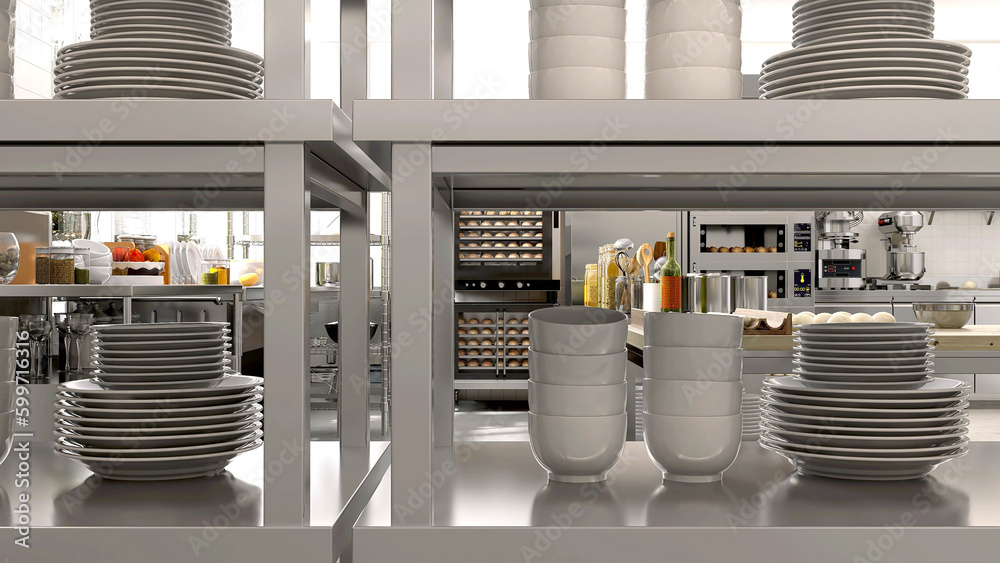 Close up white ceramic plate, dish, bowl stack on stainless steel shelf ...