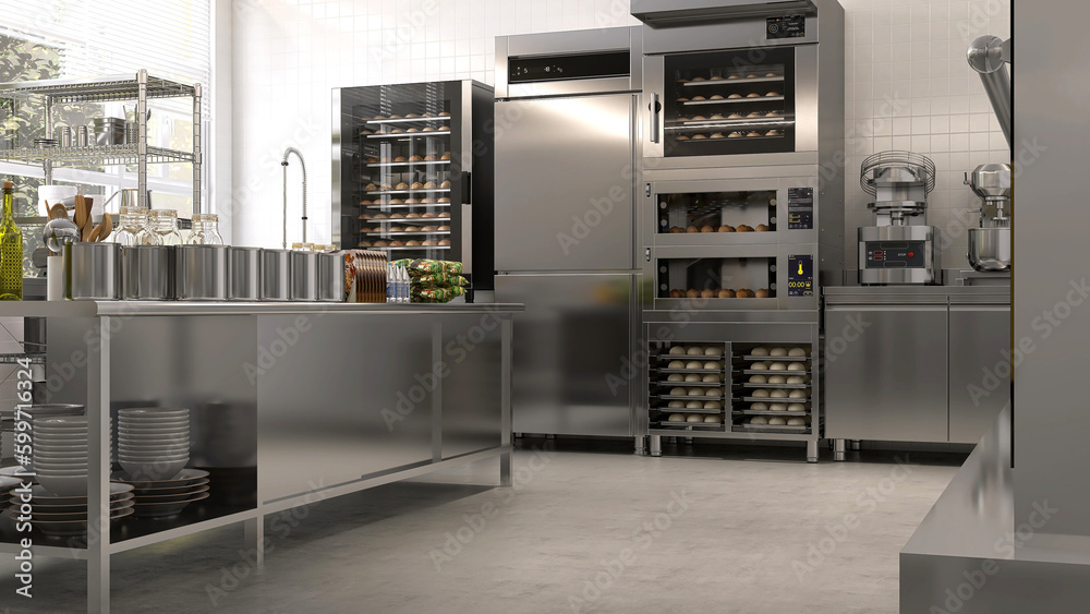 Commercial, professional bakery kitchen and stainless steel convection ...