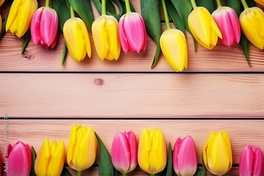 A charming yellow tulip border on a pastel pink wooden plank background ...