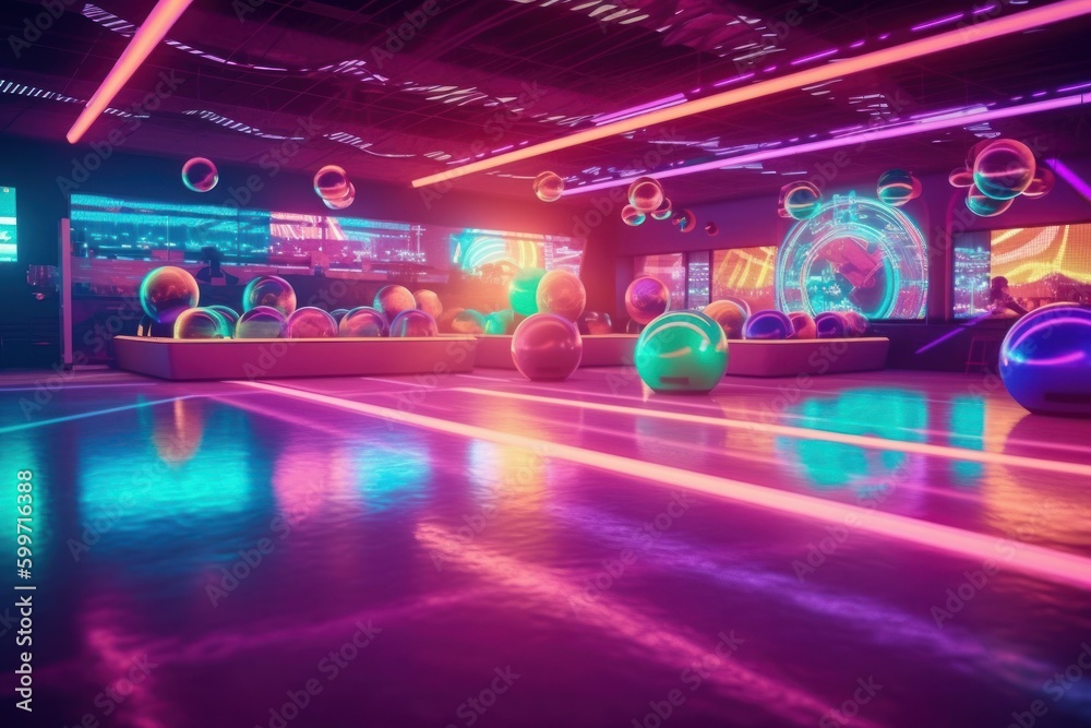 ภาพประกอบสต็อก Retro roller skaters dazzling around an enormous indoor ...