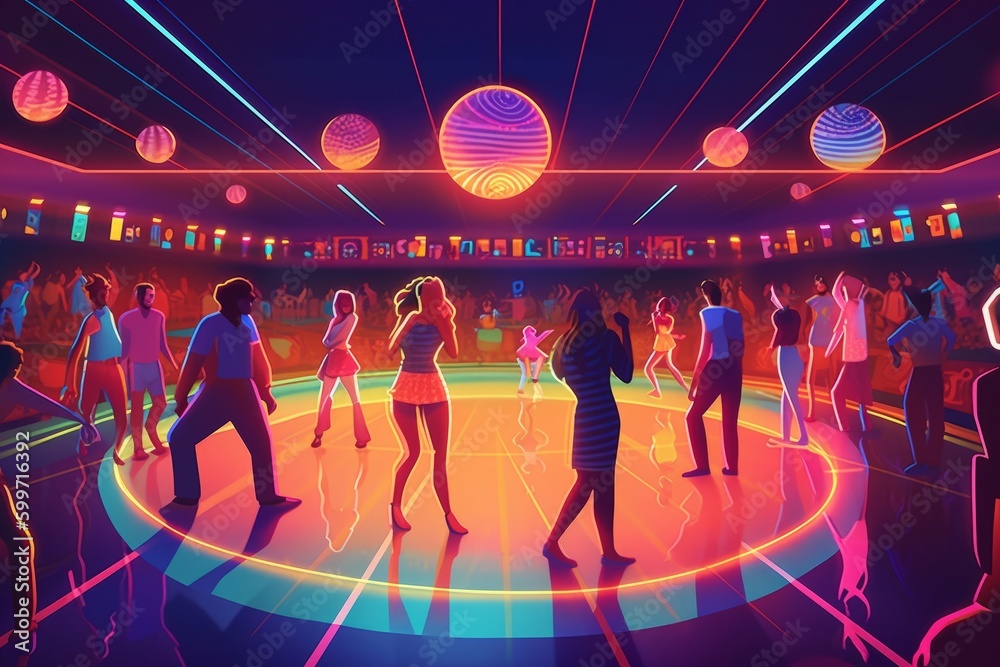 Retro roller skaters dazzling around an enormous indoor roller rink ...