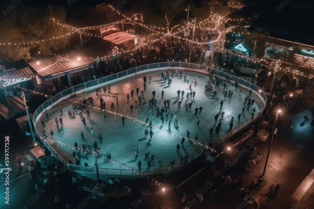 Aerial perspective of roller skaters circling an old-fashioned outdoor ...