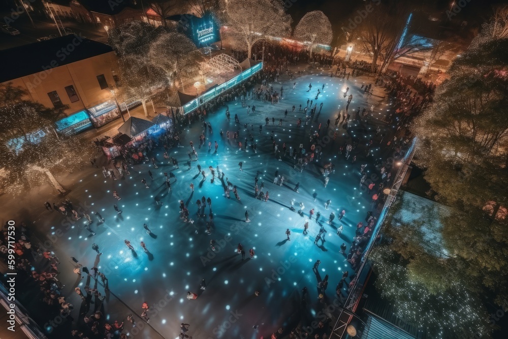 Aerial perspective of roller skaters circling an old-fashioned outdoor ...