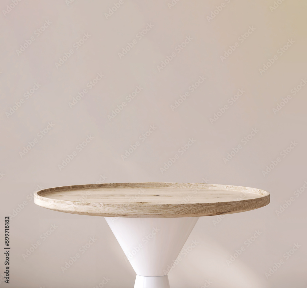 Empty natural wood grain round podium table, white stand in sunlight ...
