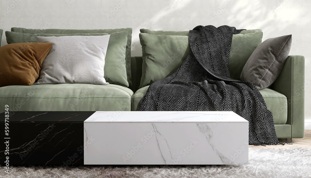 Black, white geometric marble coffee table on high pile shag rug, sage ...