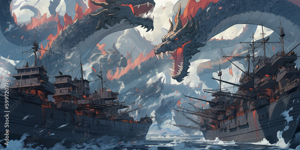 Huge Fantasy Dragons Attack Ships, Anime Style, Creatures, Demons ...