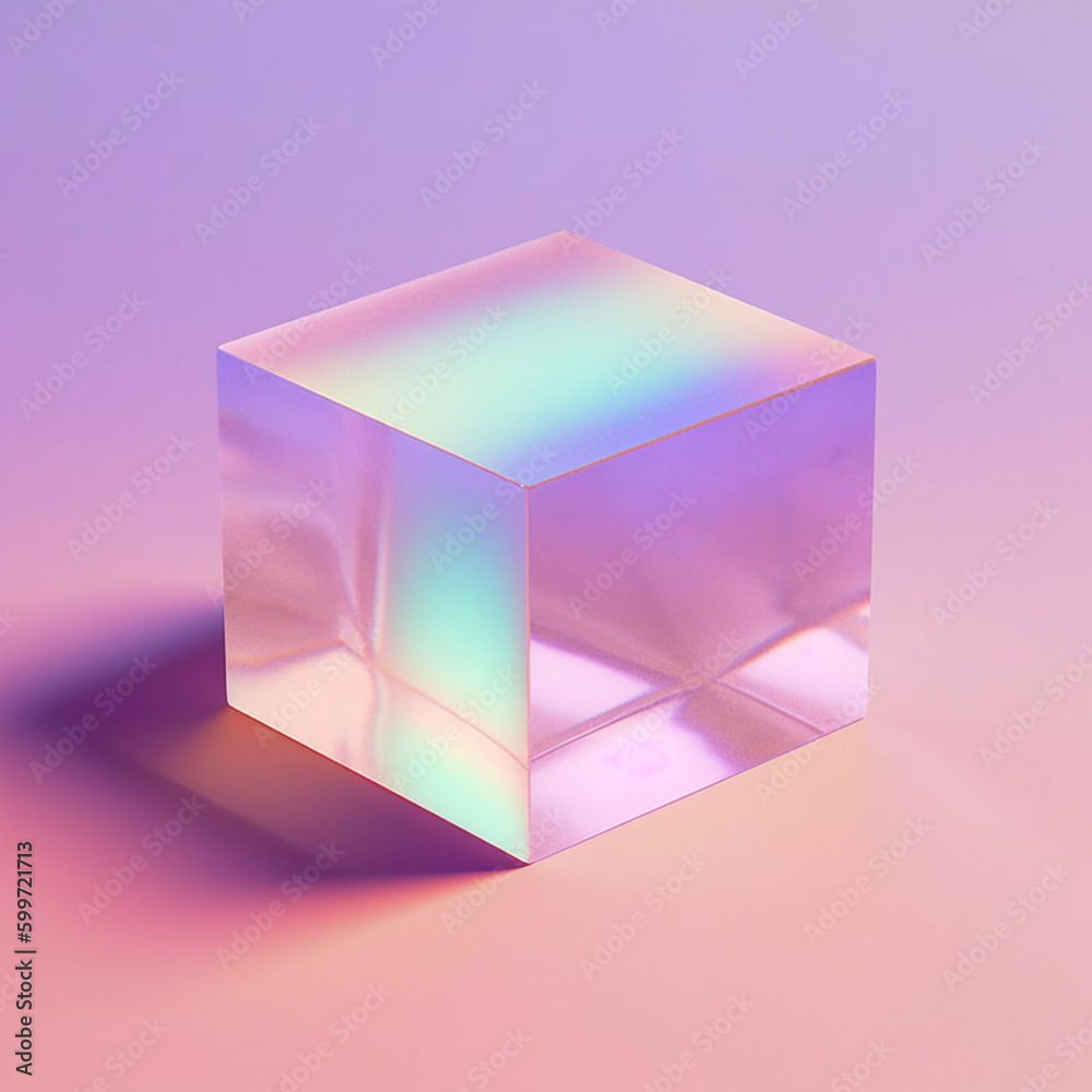Luminescent Glass Cube Block with Glowing Prisms on Pastel Background ...