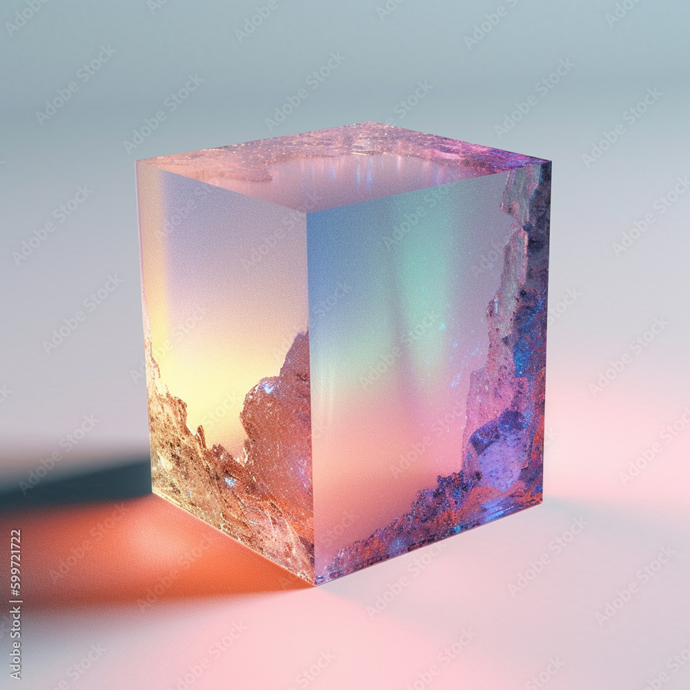 Luminescent Glass Cube Block with Glowing Prisms on Pastel Background ...
