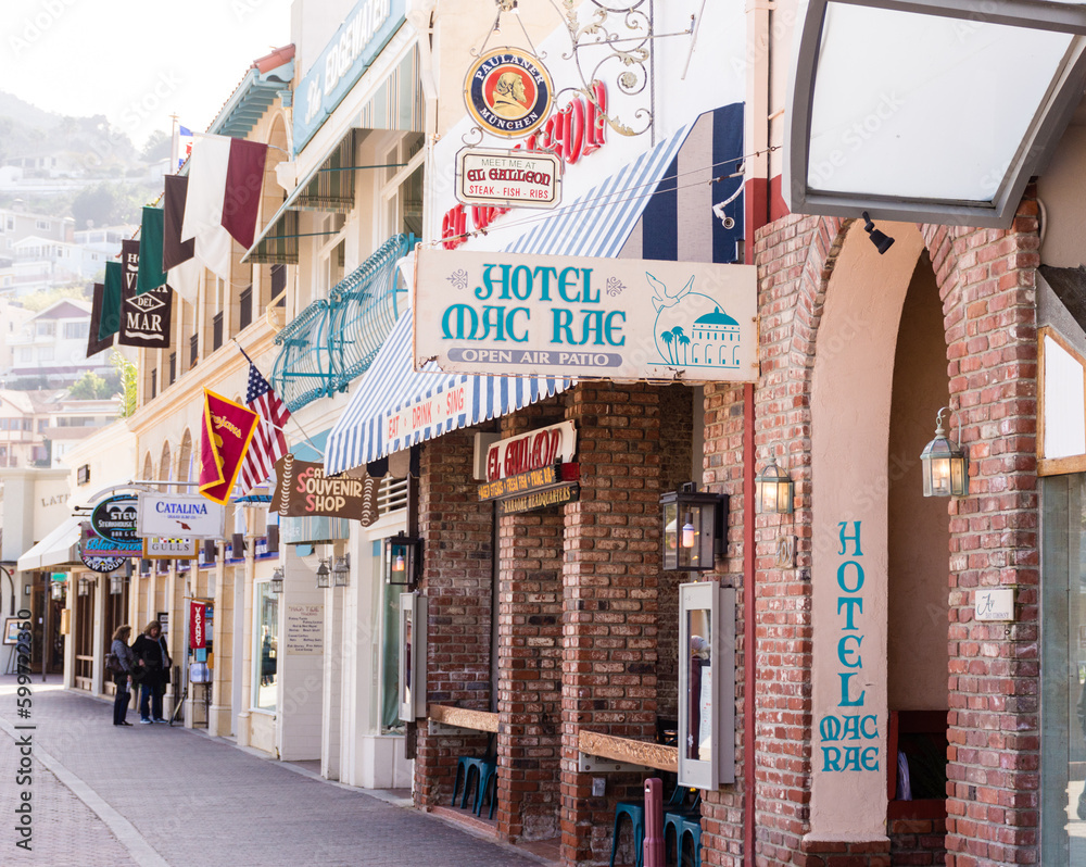 Avalon, Catalina Island, CA - USA:A view of the storefronts down ...