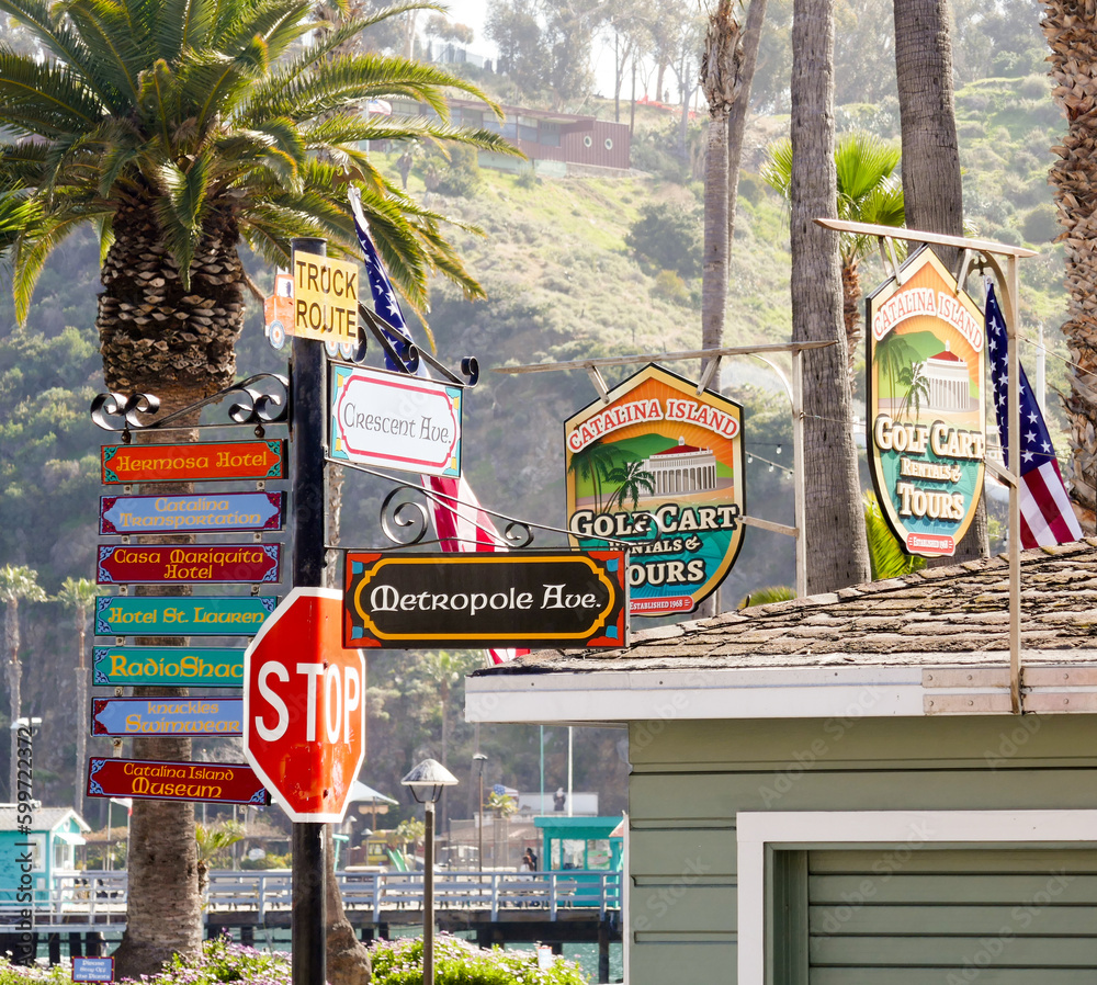 Avalon, Catalina Island, CA - USA: A colorful array of street signs on ...