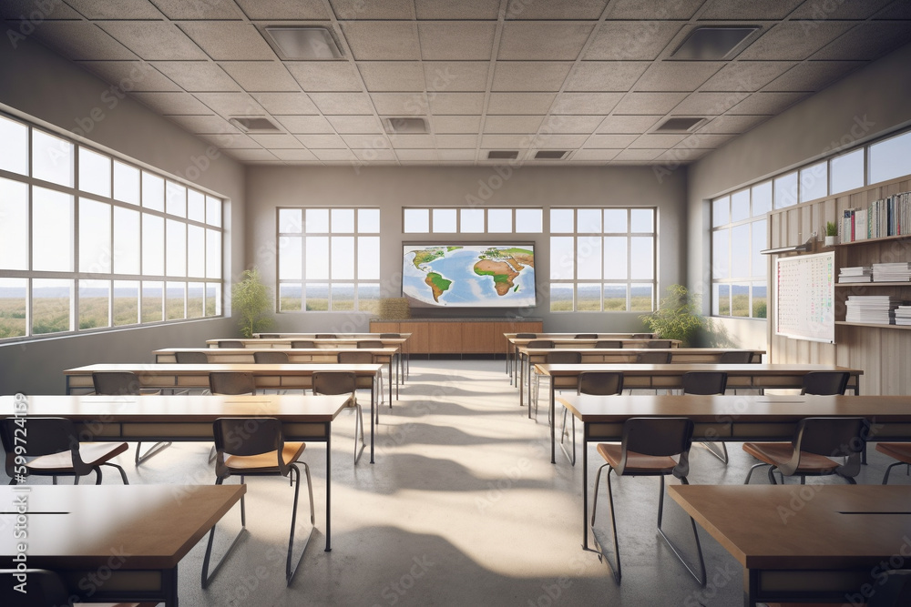 Illustration of a school classroom full of desks but no children ...