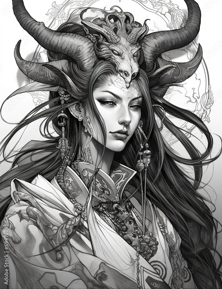 Fantasy character with Asian influences, female princess spirit, black ...