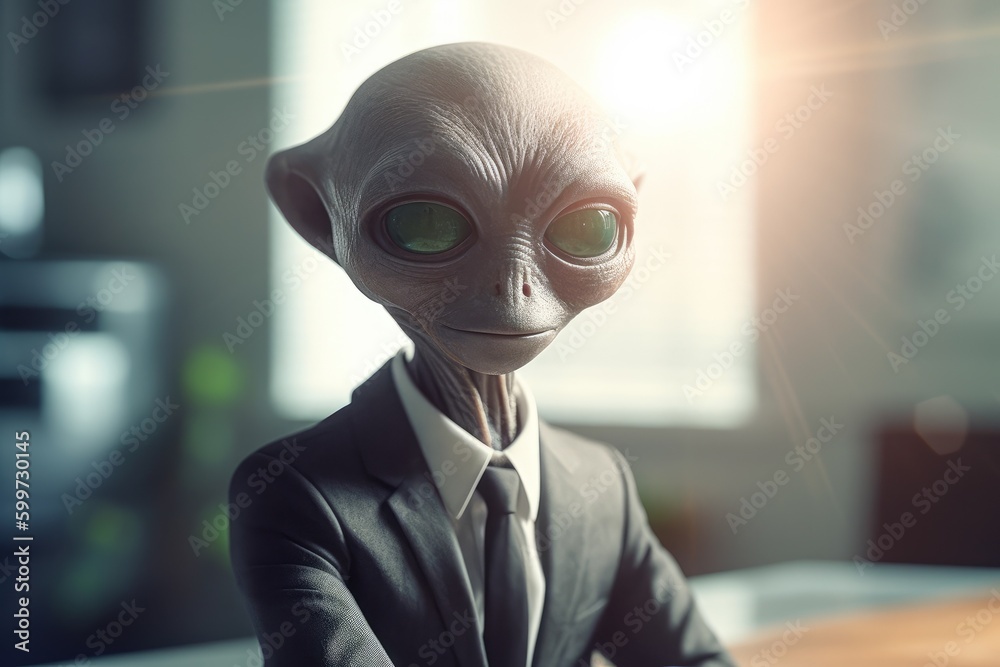 The alien works in the office. Background with selective focus. AI ...
