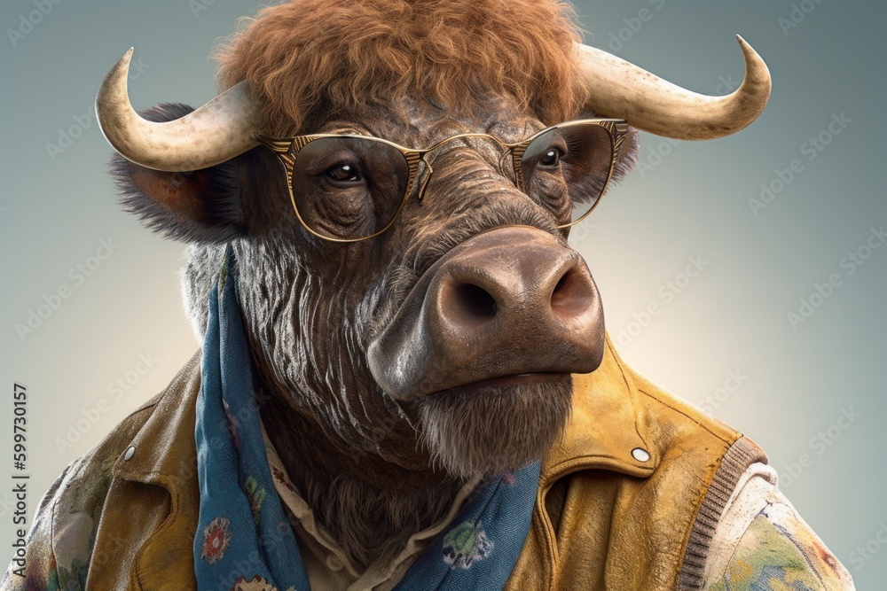 Anthropomorphic Bison dressed in human clothing. Humanized animal ...