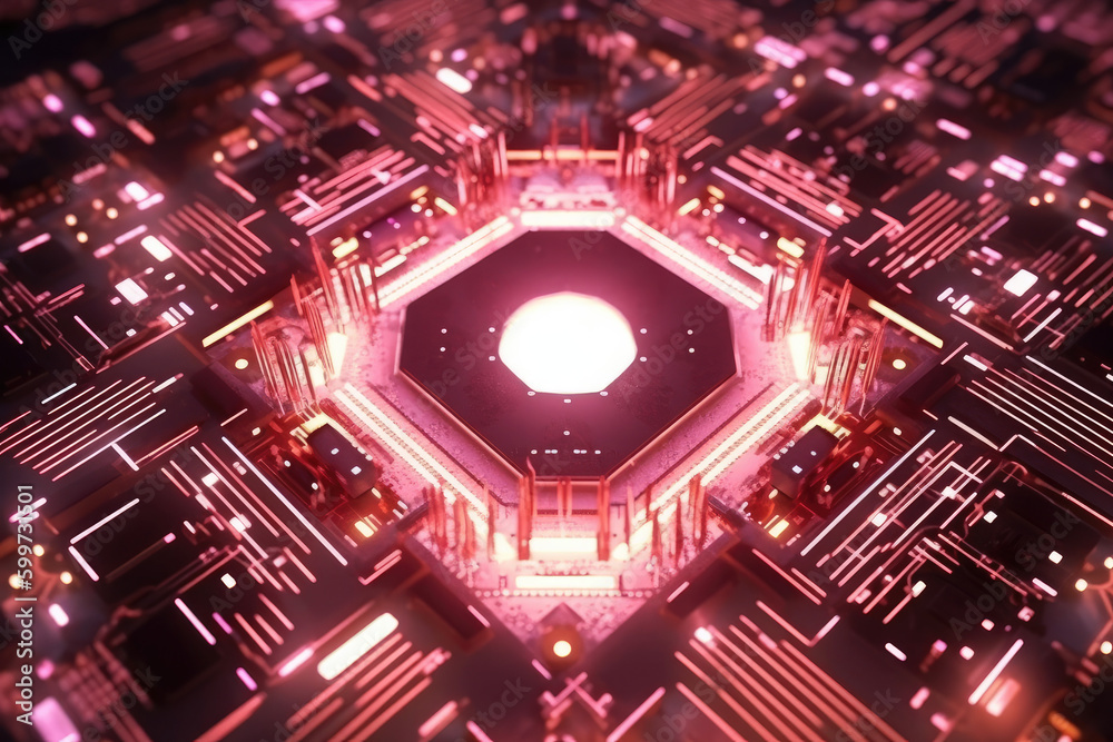 Glowing central computer processors CPUs and GPUs on the motherboard ...