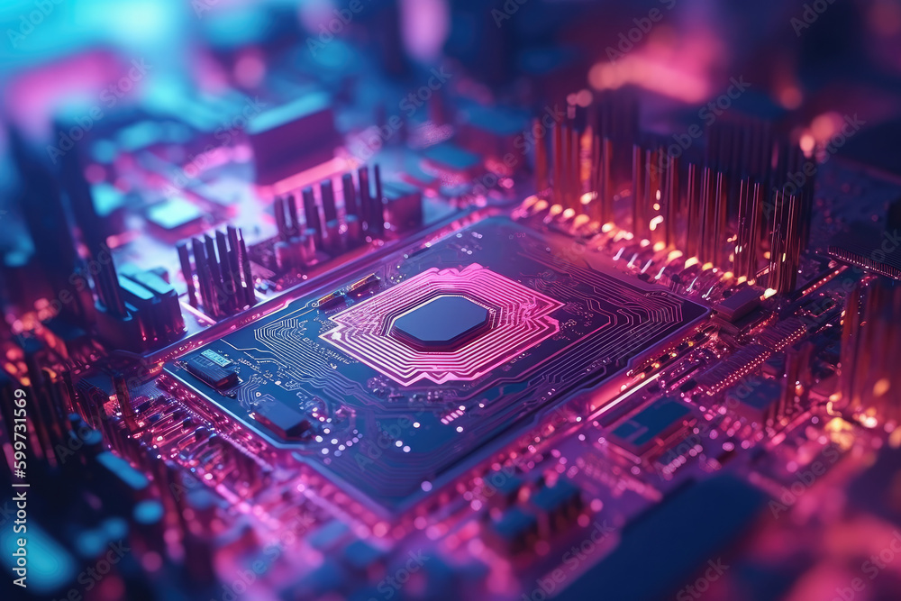 Glowing central computer processors CPUs and GPUs on the motherboard ...