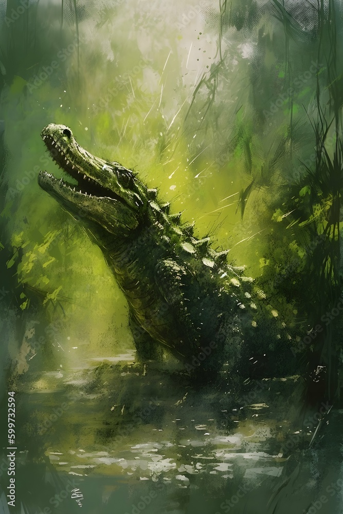 ภาพประกอบสต็อก alligator in the swamp: portrait digital brush painting ...