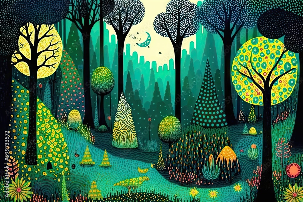 Abstract art of exploring a fanciful surreal forest landscape. Designed ...