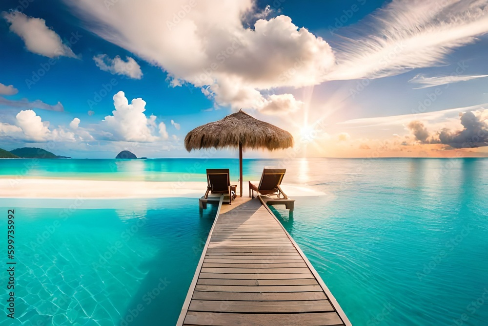 Beautiful tropical beach with white sand and two sun loungers on ...