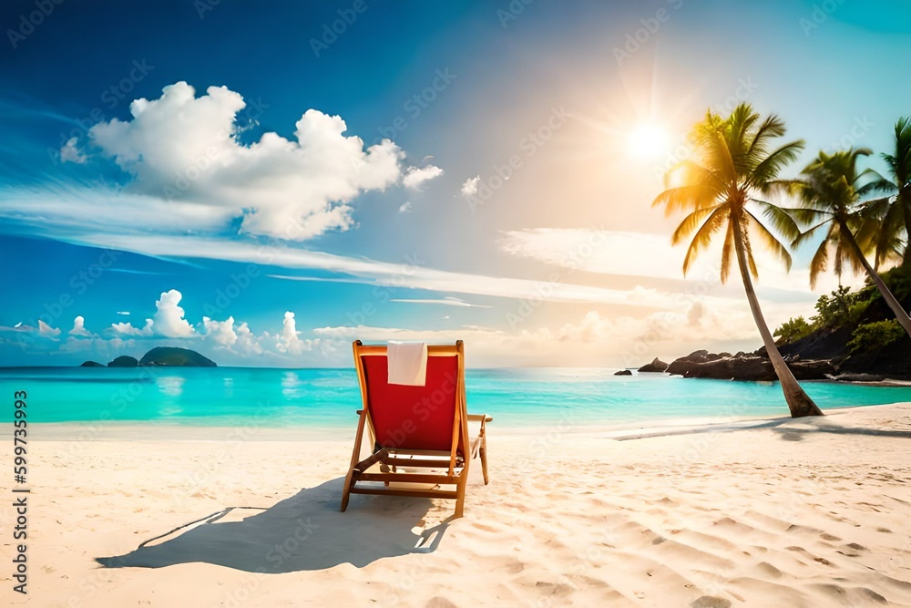 Beautiful tropical beach with white sand and two sun loungers on ...