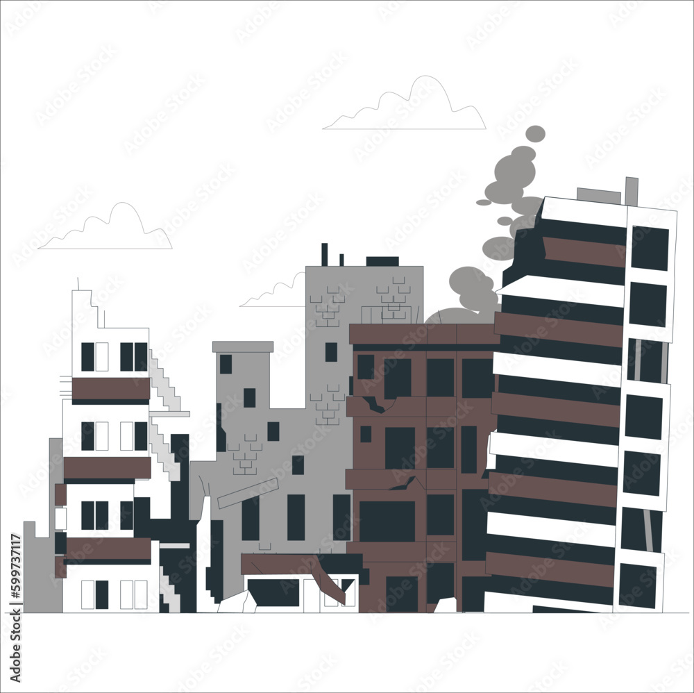 Destroyed city concept landscape background illustration, building ...