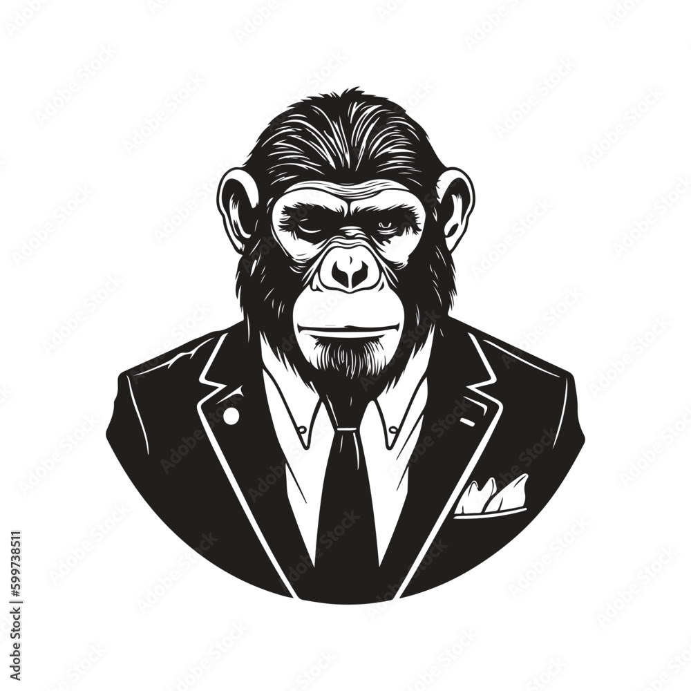 ape wearing suit, vintage logo line art concept black and white color ...