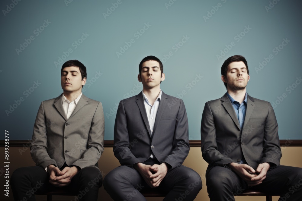 Three young businessmen in suits sitting in a row and looking at the ...
