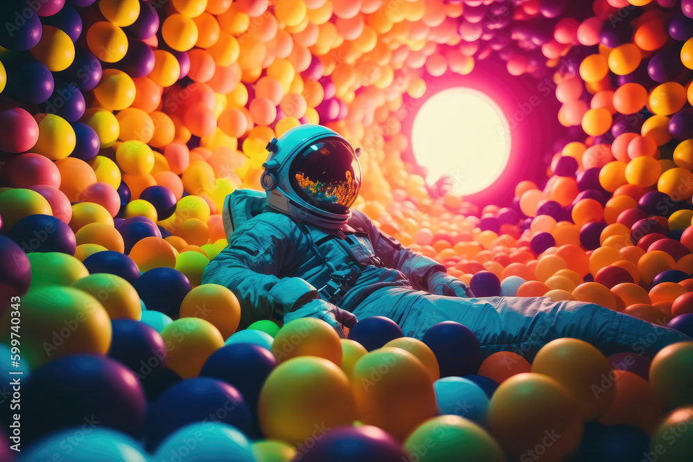 Astronaut lying in a colorful ball pit, traveled from another parallel ...