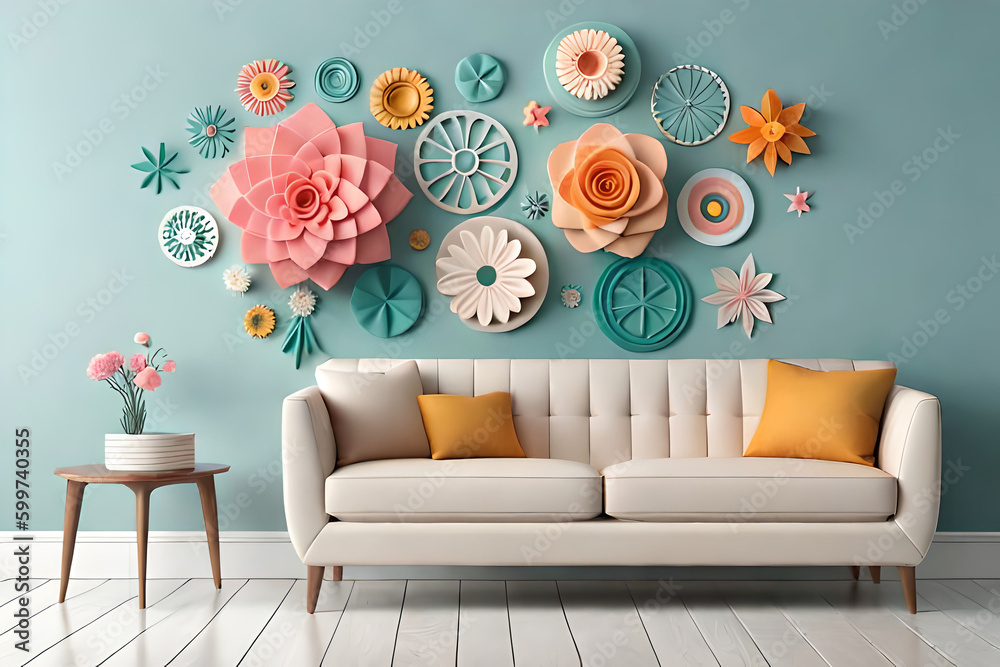 pastel color, 3d mural illustration wallpaper with flowers and circles ...