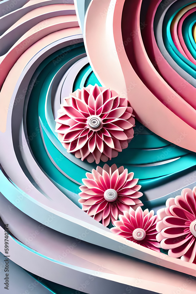 pastel color, 3d mural illustration wallpaper with flowers and circles ...