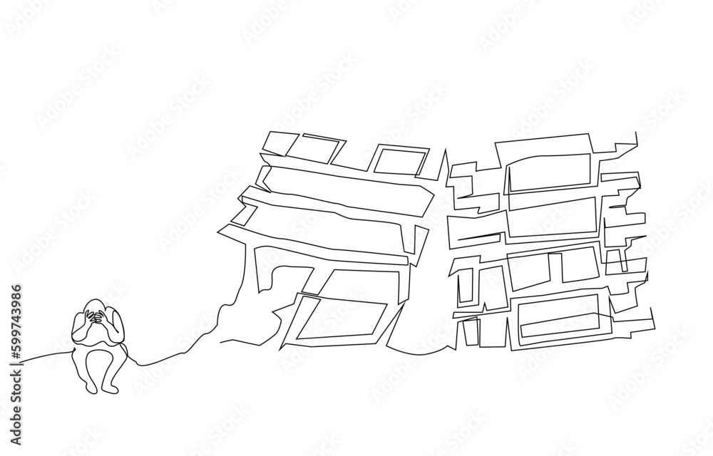 earthquake destroyed buildings sad crying human line Stock Vector ...