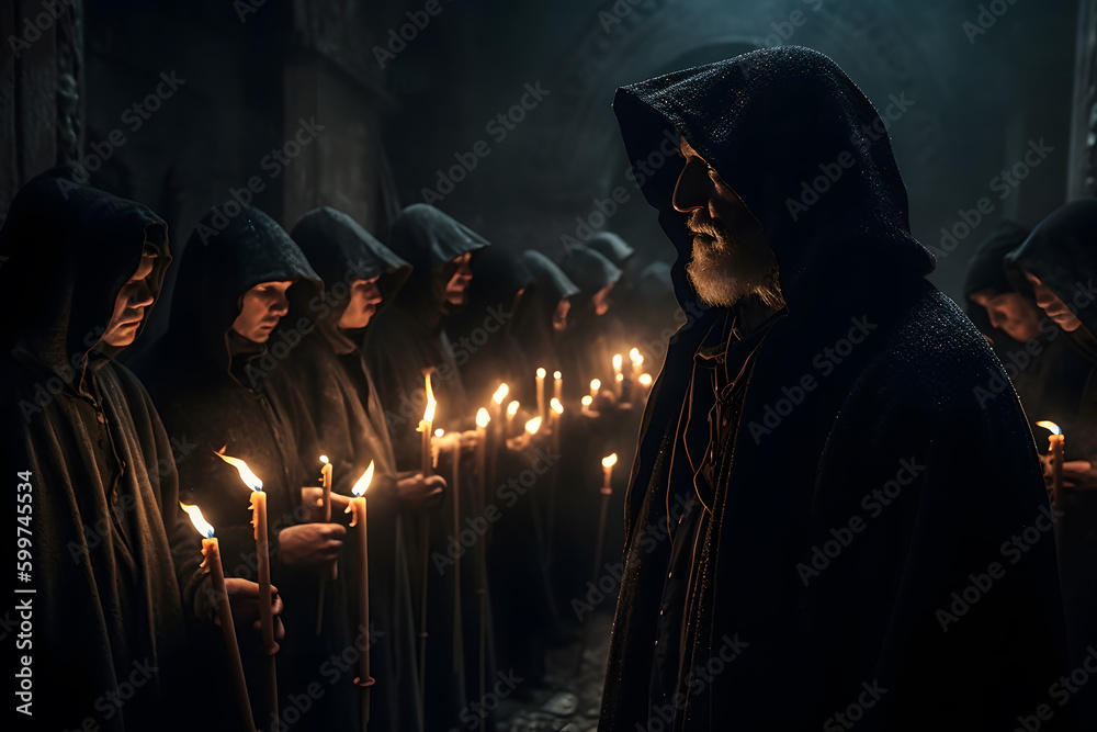 Ritual of medieval priests with candles in the temple. Neural network ...
