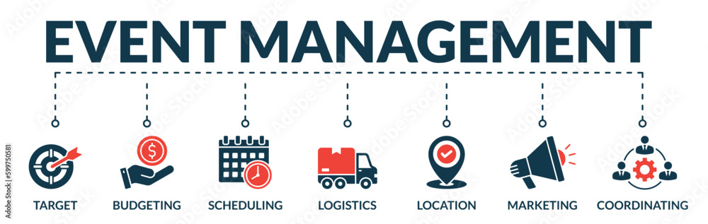 Banner of event management web vector illustration concept with icons ...