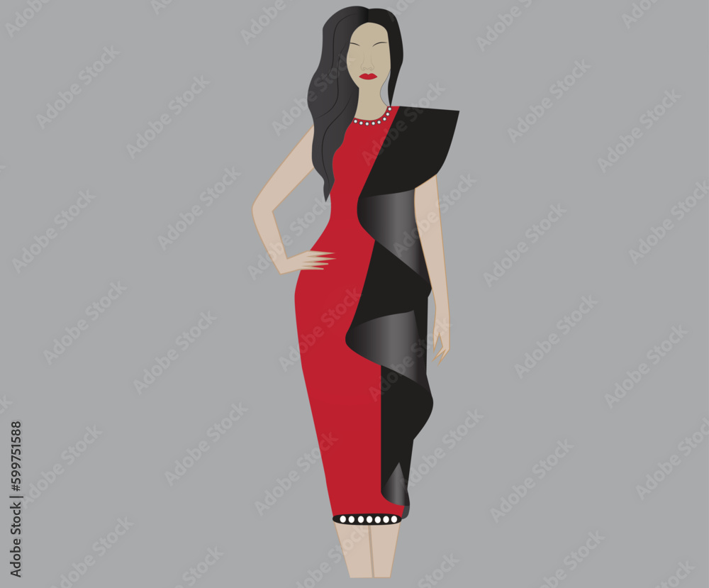 Women fashion vector illustration.Black and Red bodycon dress with ...