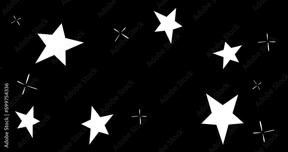 White animated shining cosmic star and sparkle shapes on black ...