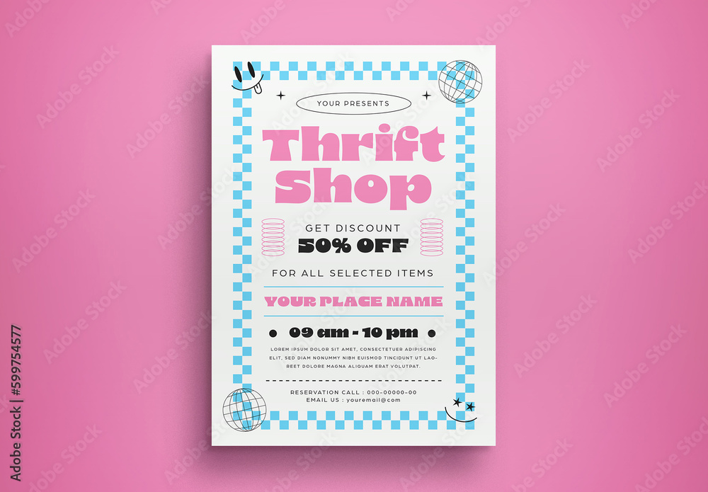White Edgy Thrift Shop Flyer Layout Stock Template | Adobe Stock