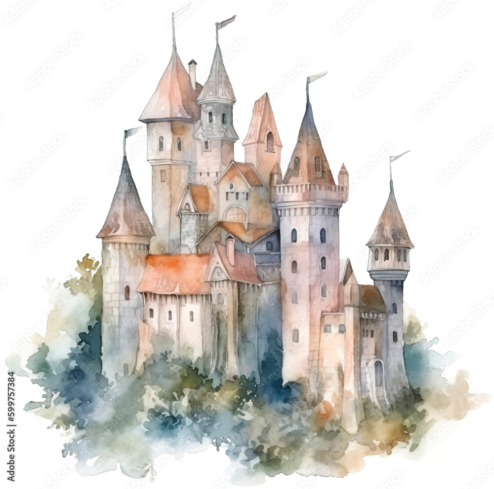 Watercolor fantasy castle. Sky kingdom with clouds. Fairytale with ...