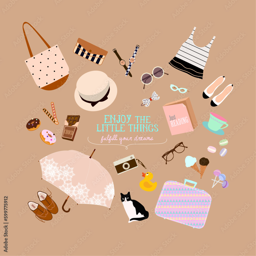 Vector set of cute feminine elements. Little Things, symbols of diaries ...