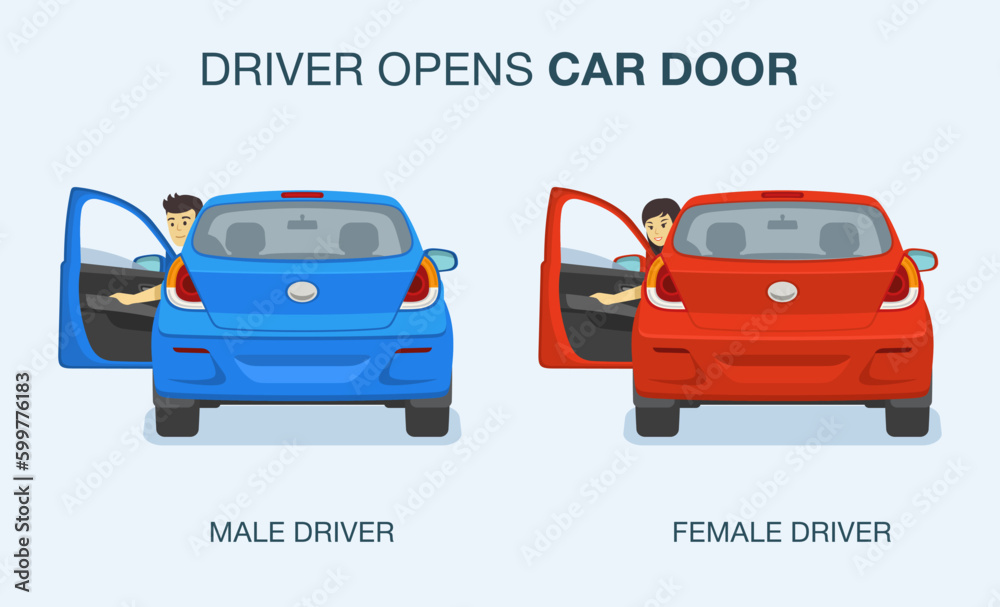 Vetor de Isolated drivers opening car front door. Male and female ...