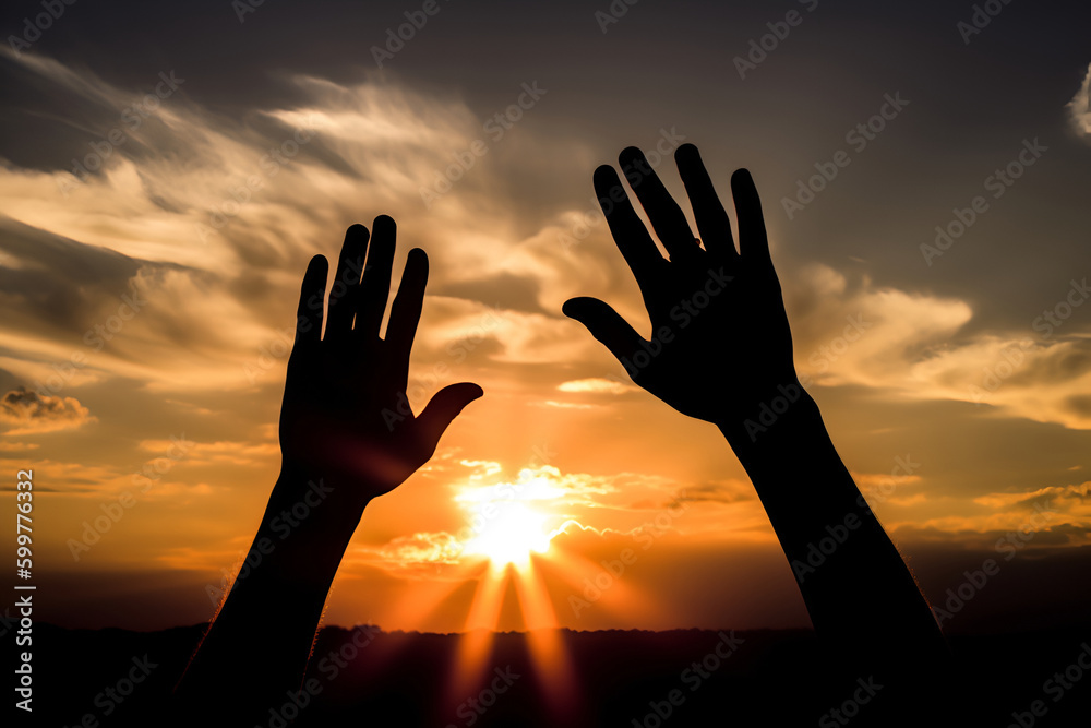 Christian religious concept. Silhouette Hands touching reaching for ...