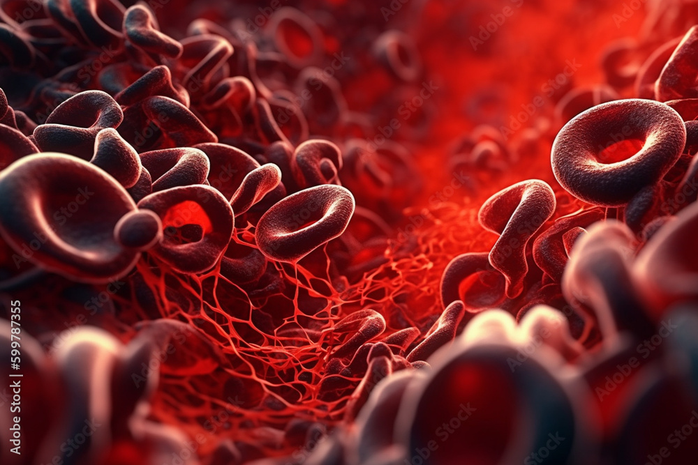 a blood vessel with various types of cells flowing through it ...