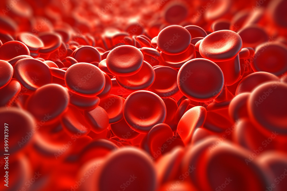 A magnified view of red blood cells, showing their unique biconcave ...