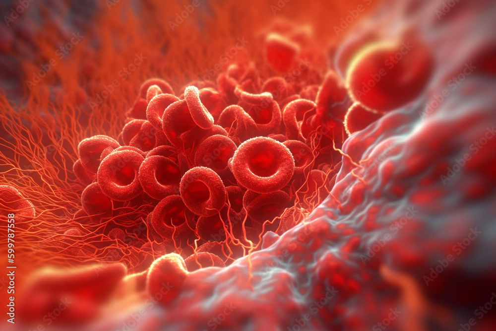 A microscopic view of a blood clot, with platelets and fibrin fibers ...