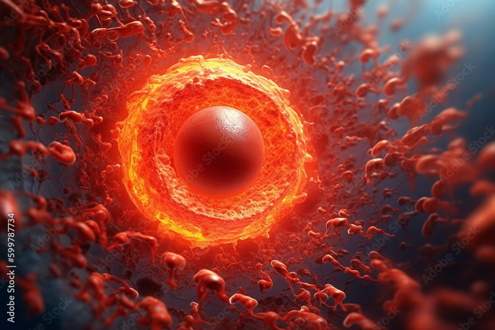 An artistic interpretation of blood cells and plasma forming a ...