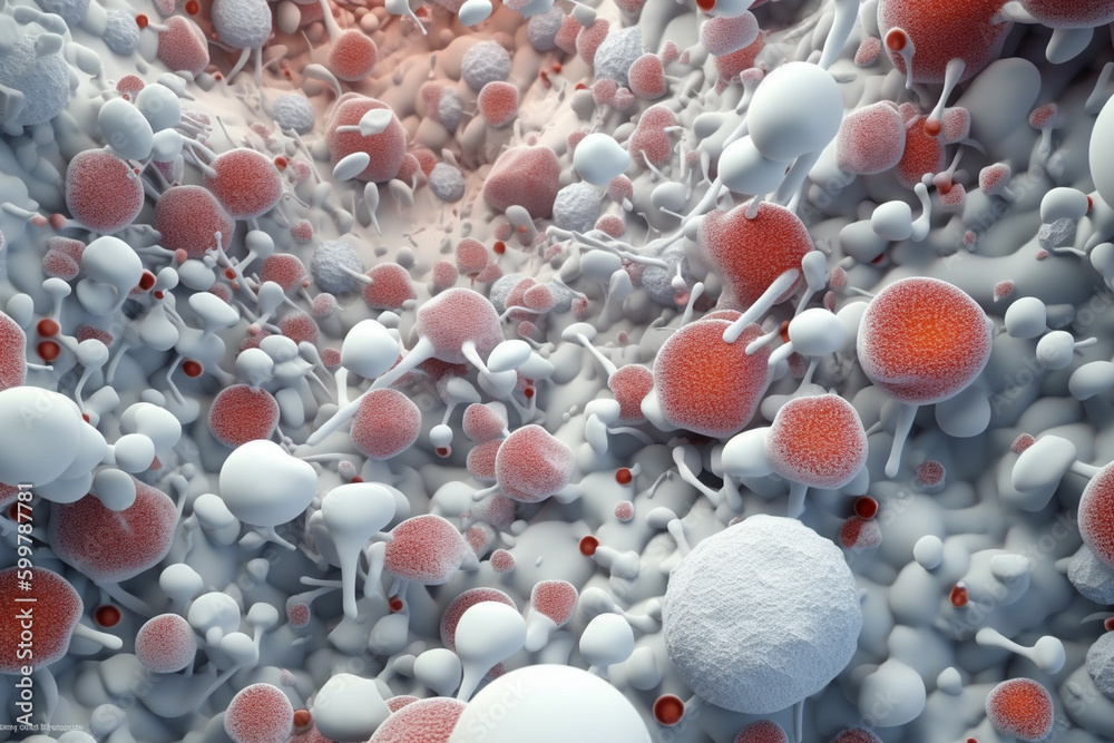 A magnified view of white blood cells, showing their various shapes and ...