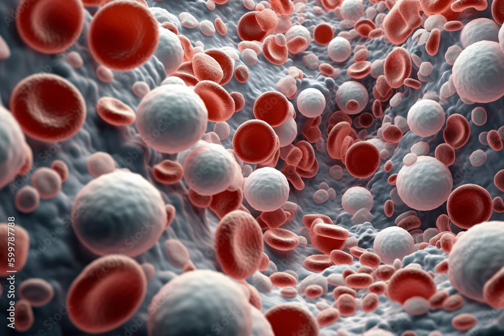 A magnified view of white blood cells, showing their various shapes and ...