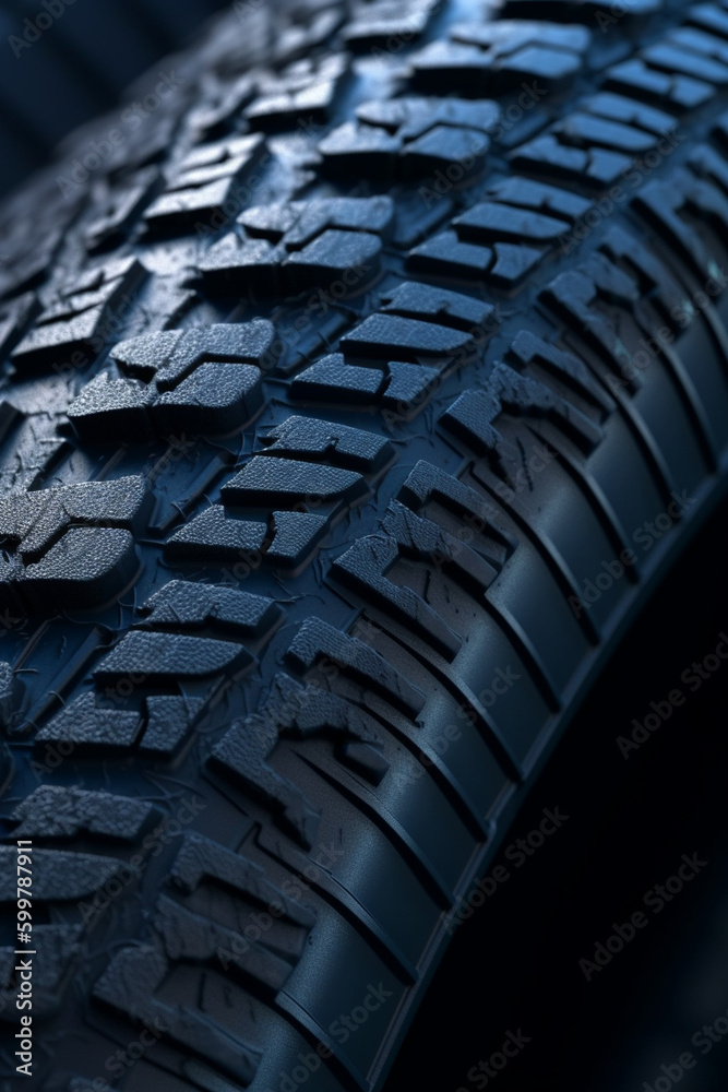 An extreme close-up of a tire tread pattern on a mountain bike tire. Generative AI technology ...